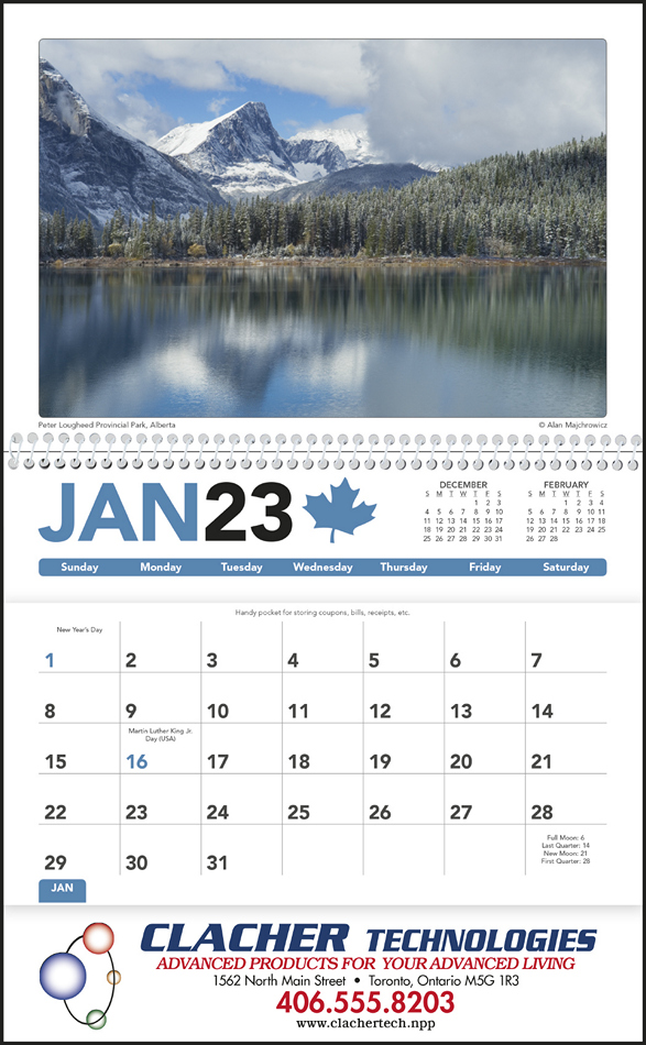 Customized Pocket Wall Calendar, Canadian Scenic images, Size 8x13