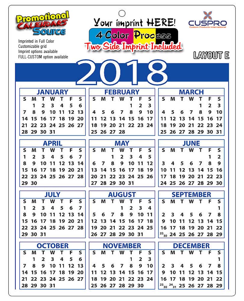 Year-View Plastic Calendar, Size 8.5x11, Full Color Imprint 2-Sides, 30pt.