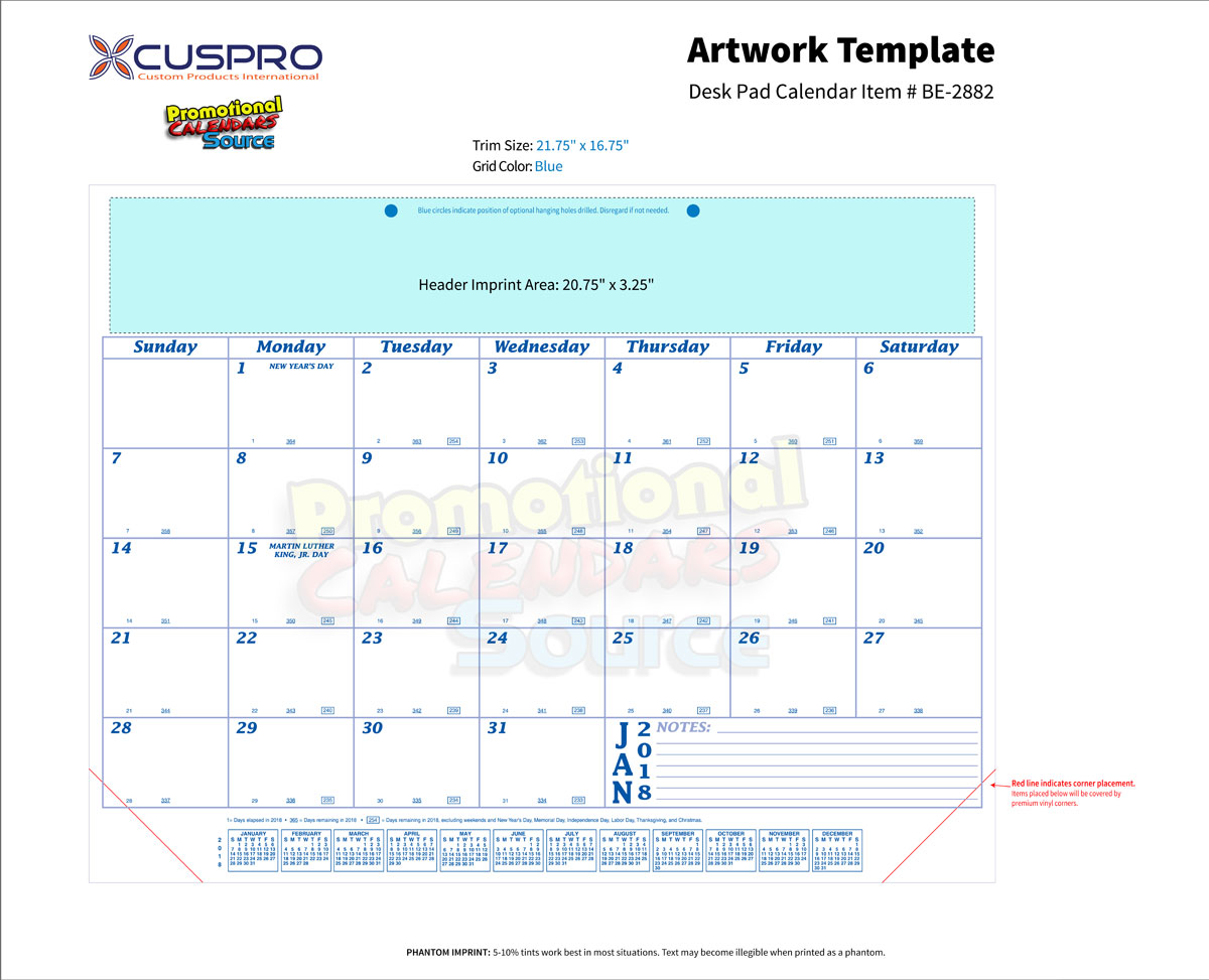 Custom Printed Desk Pad Calendar with Blue Grid - Customized, 22x17 ...