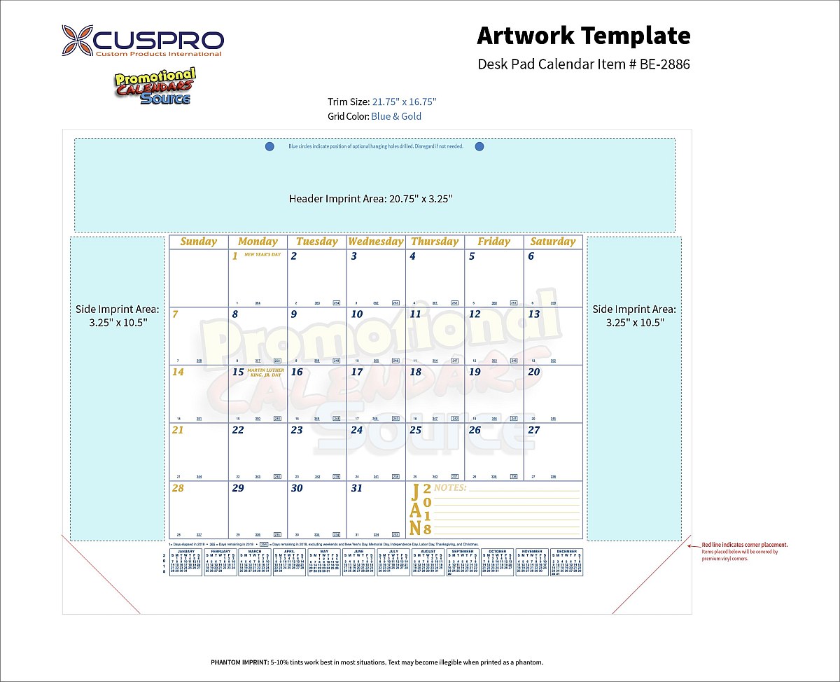 22x17 Desk Pad Calendar with Blue & Gold Grid & 3 Imprint Areas
